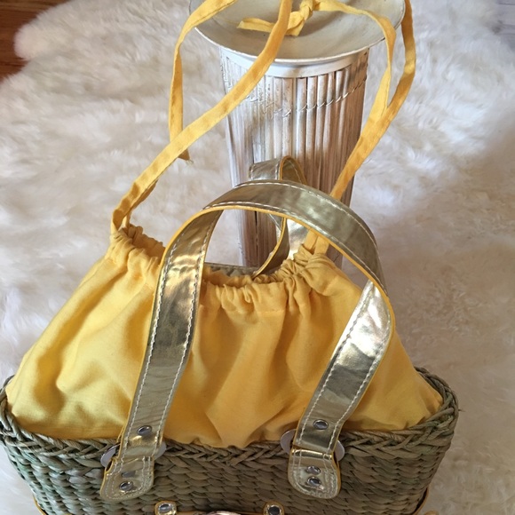 Bags | Vintage Lime Green And Gold Small Straw Bucket Bag | Poshmark